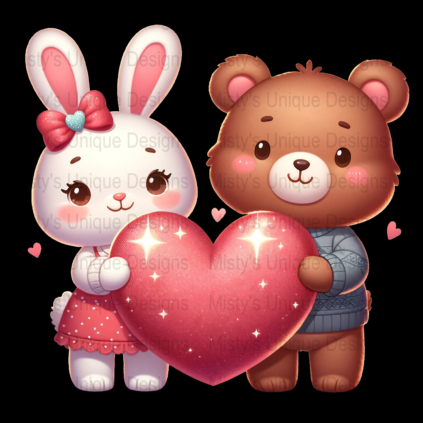Cute Bunny and Bear Digital Clipart, Valentine's Day Love Heart PNG ...