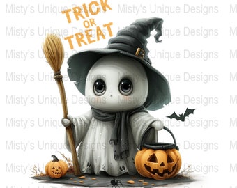 Ghost Wearing Witch Hat Holding Trick-or-treat Pumpkin Bucket Art ...