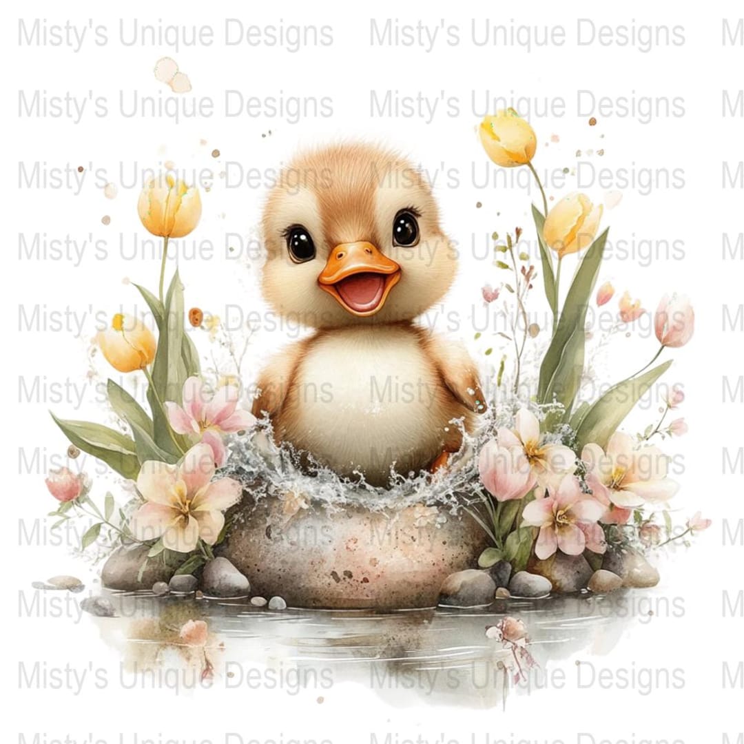 Cute Duckling With Flowers Clipart PNG, Watercolor Duck Graphic ...