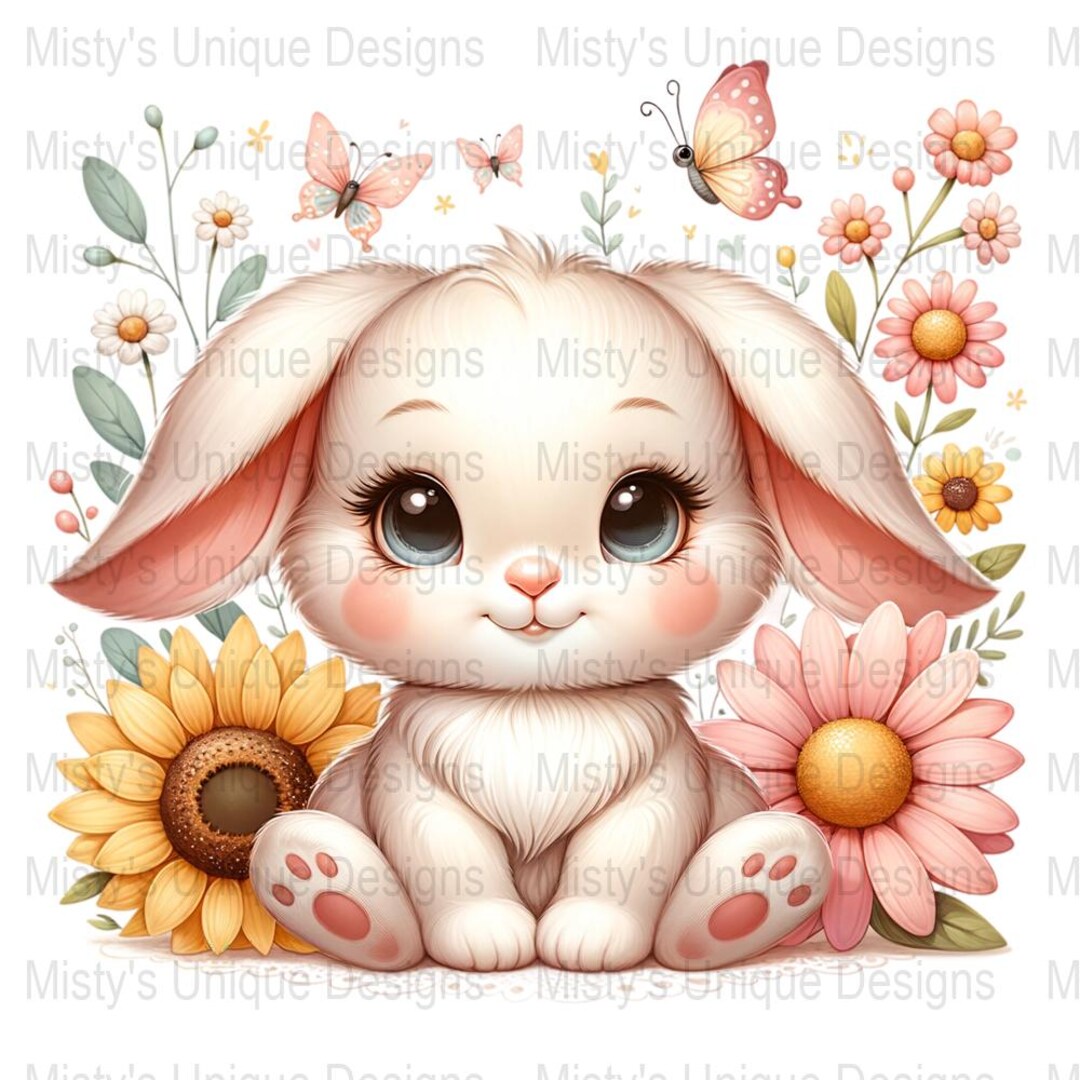Cute Bunny Clipart PNG, Digital Download, Rabbit Illustration, Floral ...