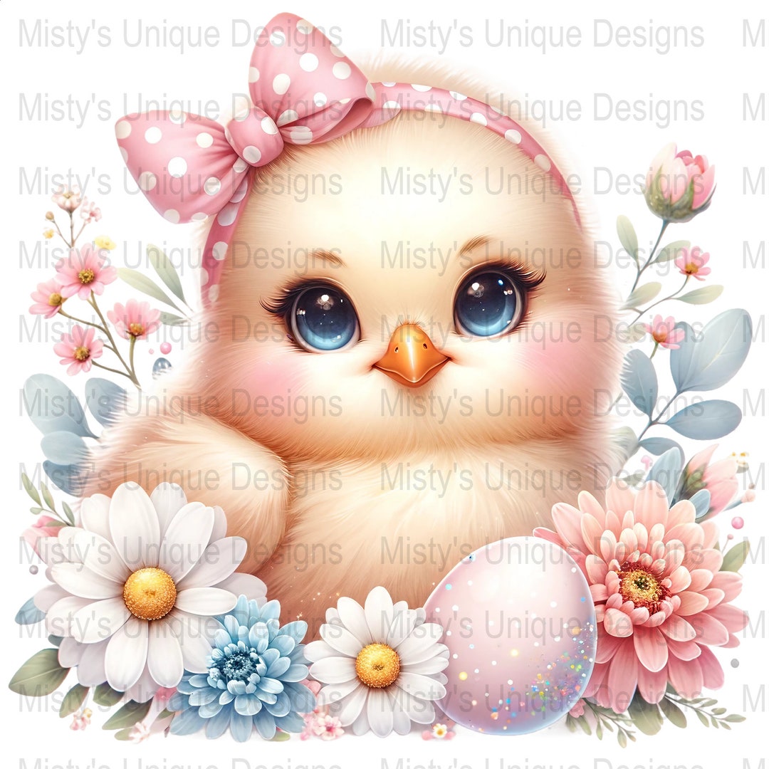 Cute Easter Chick Clipart, Pink Bow, Spring Flowers, Digital Download ...