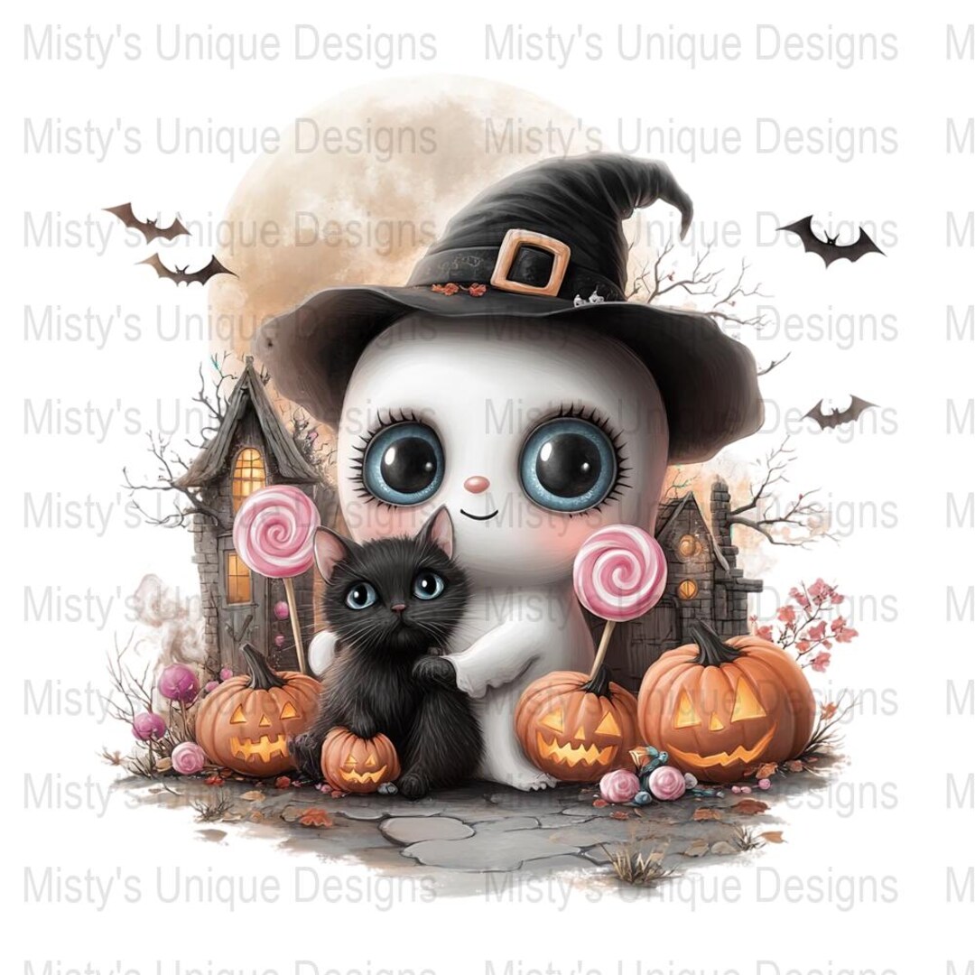 Cute Halloween Clipart, Spooky Ghost Art, Black Cat Illustration ...