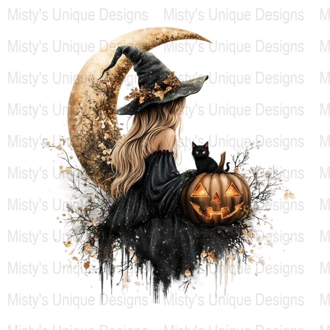 Halloween Witch Clipart, Black Cat Pumpkin Art, Magical Moon ...