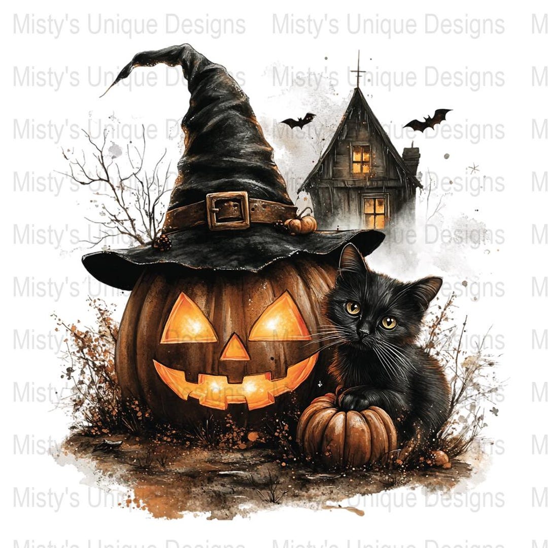 Halloween Pumpkin Witch Hat Black Cat PNG Clipart (digital Download) - Etsy