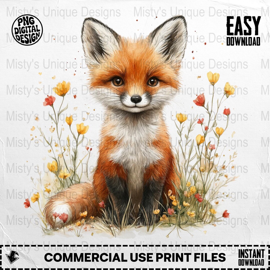 Cute Fox Digital Download Clipart PNG, Watercolor Fox Art, Floral Fox ...