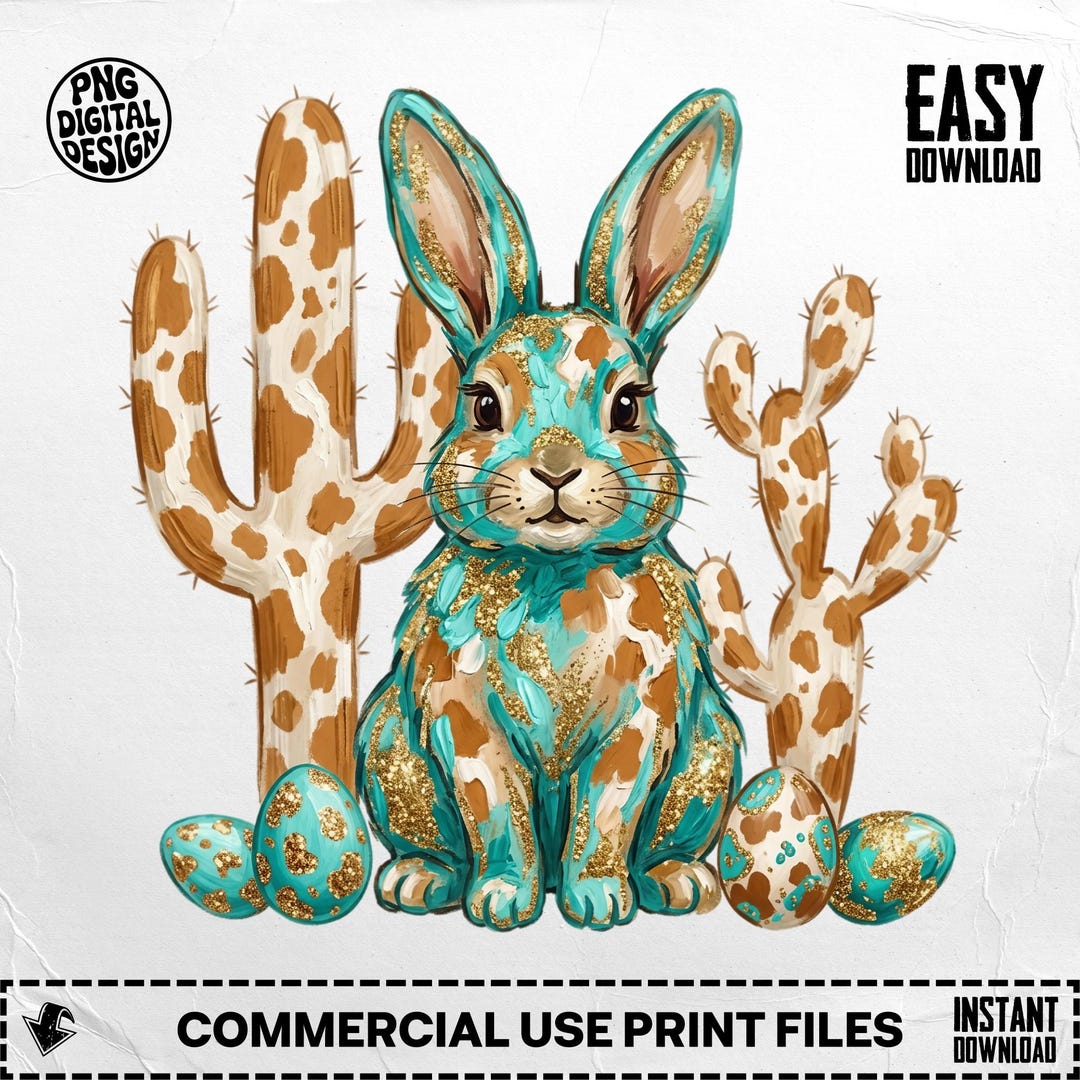 Boho Easter Bunny Clipart, Western Desert Rabbit, Glittery Turquoise ...