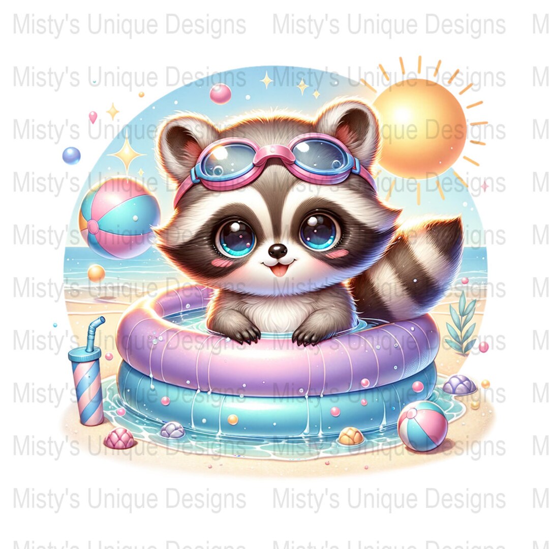 Cute Raccoon Summer Beach Clipart, Adorable Digital Download PNG ...