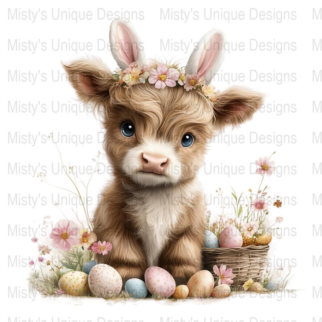 Cute Easter Cow With Bunny Ears Clipart, Adorable Baby Cow With Flowers ...