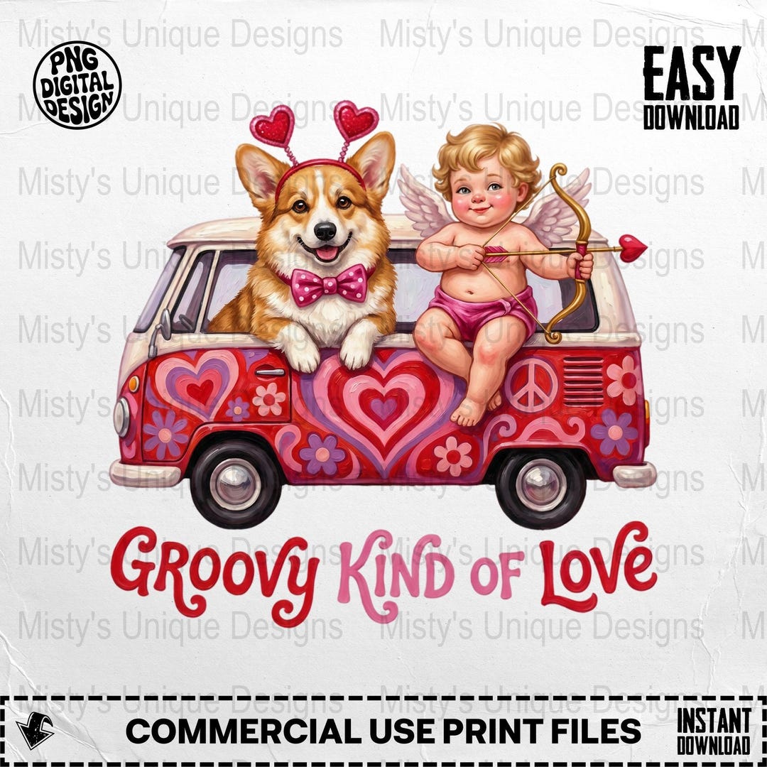 Groovy Love Digital Download Clipart PNG, Corgi Cupid Van, Valentines ...