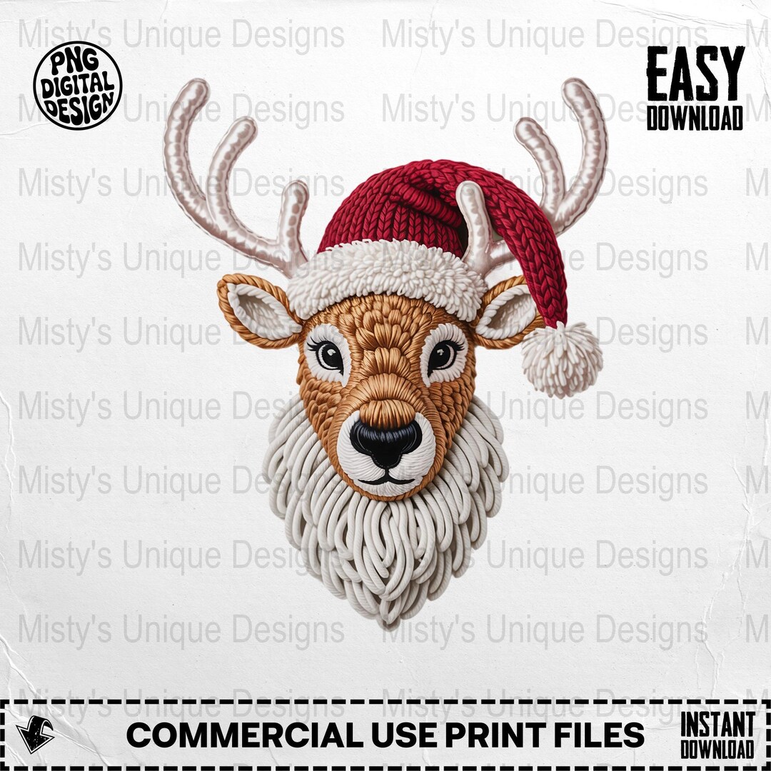 Christmas Reindeer Digital Download Clipart PNG, Santa Hat Deer Image ...