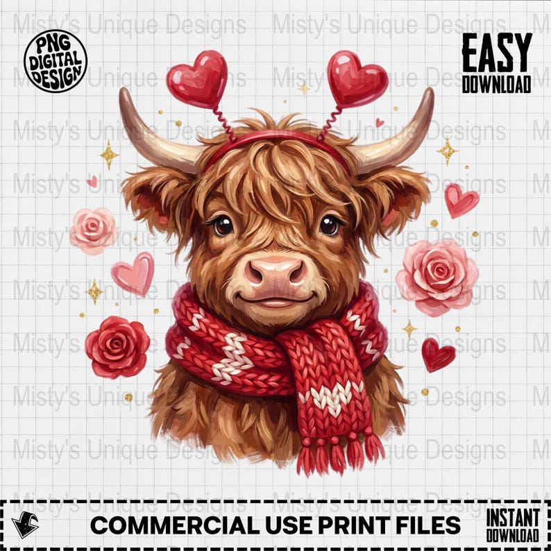 Highland Cow Valentine Digital, PNG Clipart Download, Cute Cow With ...