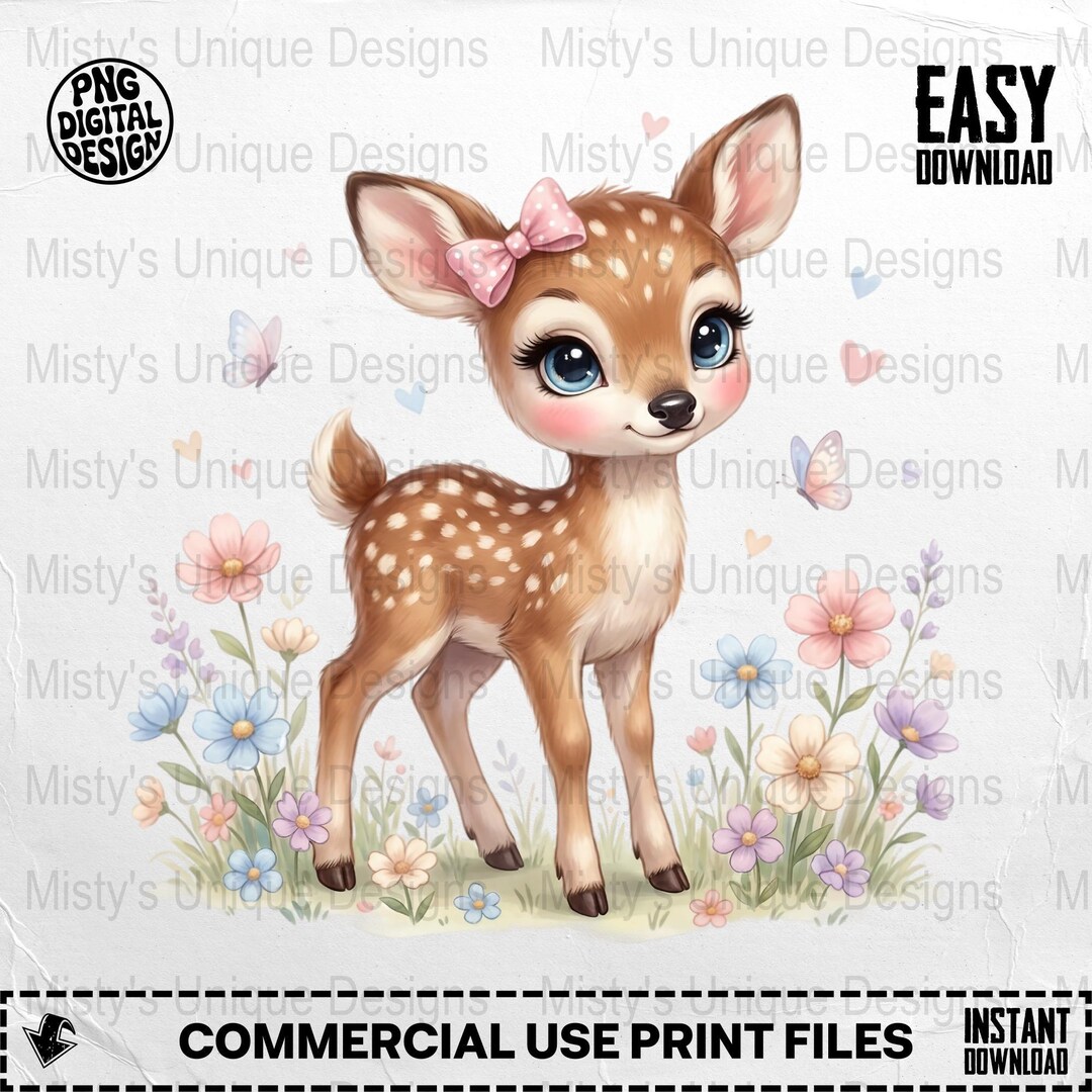 Cute Fawn Digital Download Clipart PNG, Baby Deer Image, Floral Deer ...