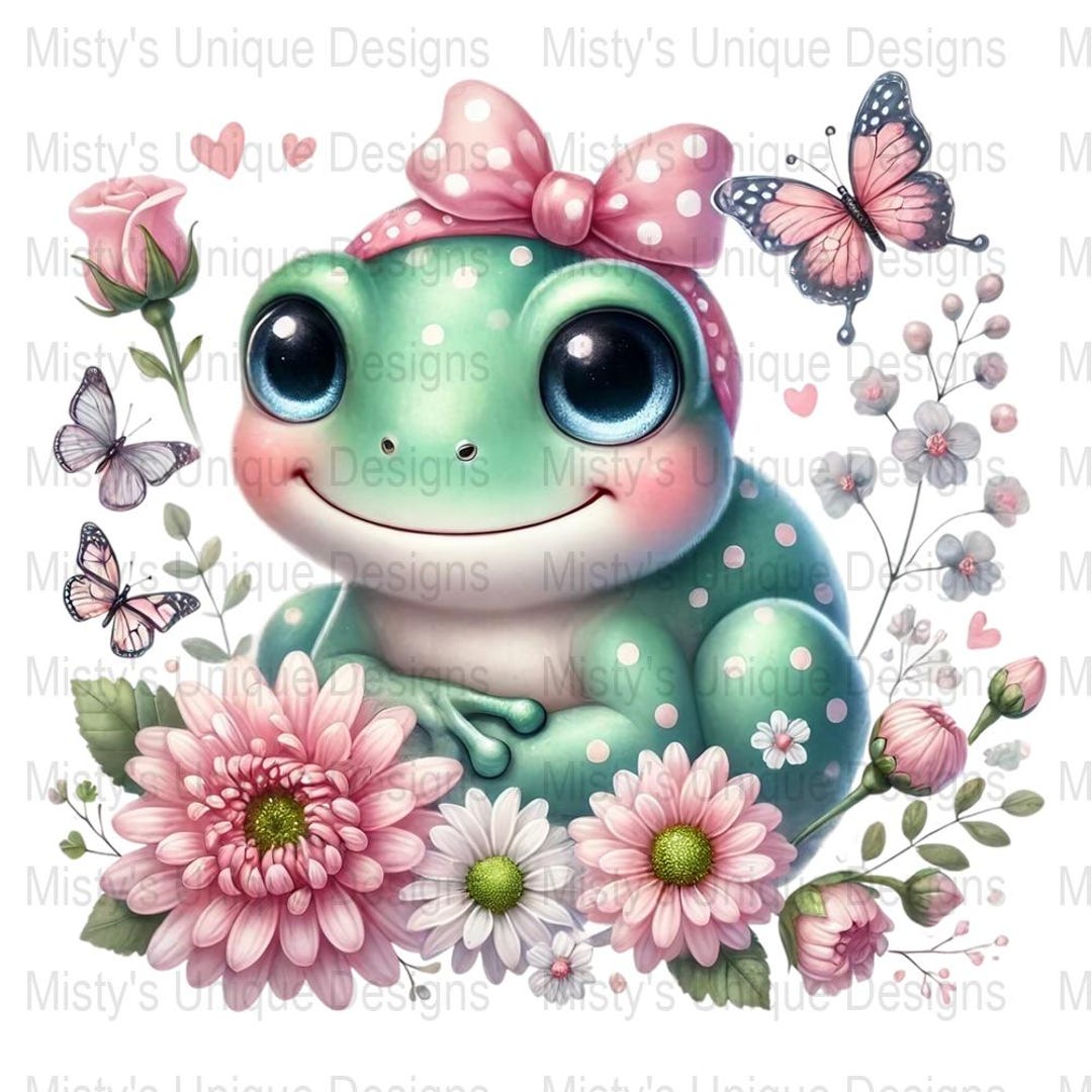 Cute Frog With Bow Digital Download Clipart Spring Butterfly Floral PNG ...