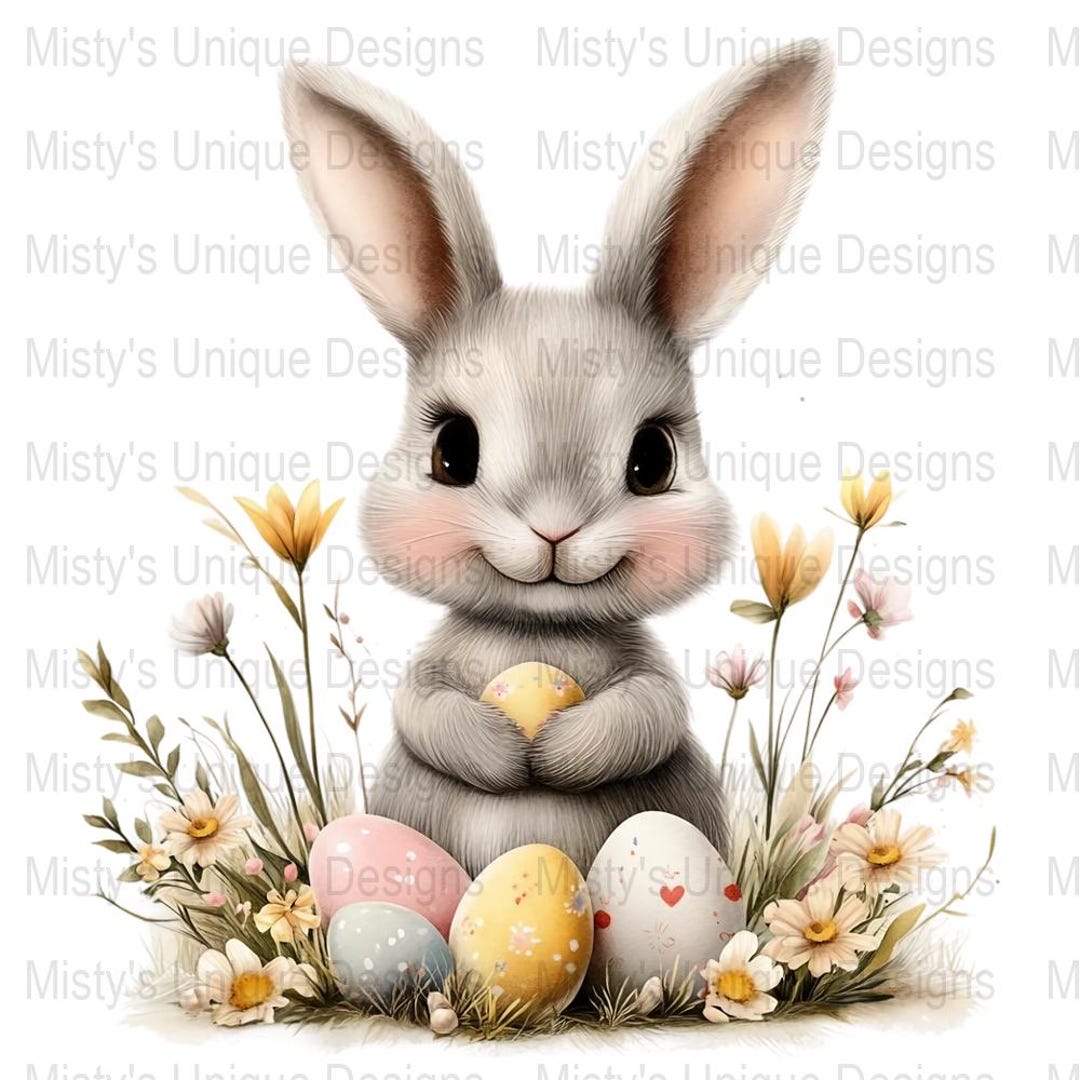 Cute Easter Bunny Clipart, Spring Flowers and Eggs PNG, Easter Digital ...