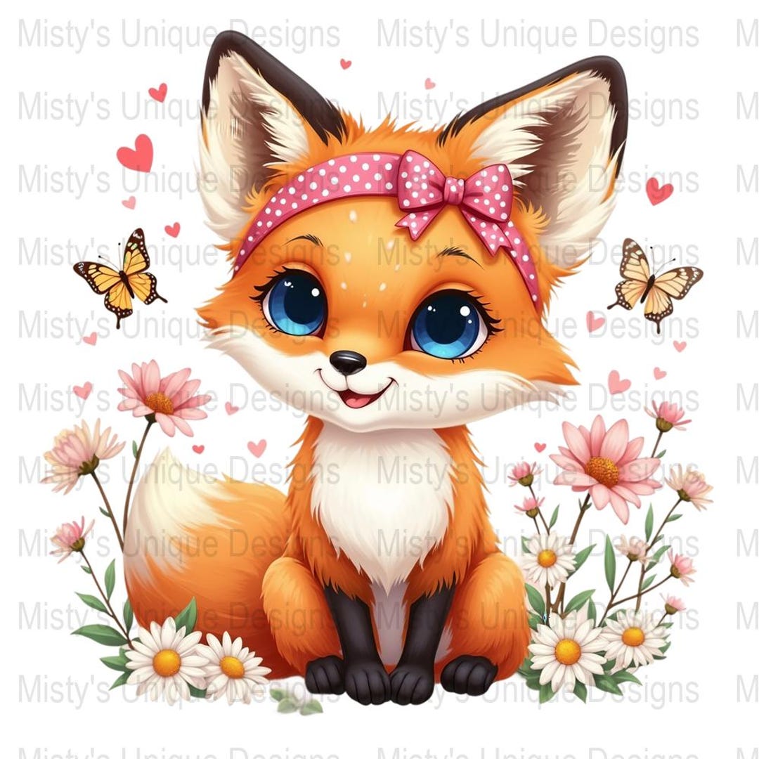 Cute Fox Clipart, Digital Download Clipart, Fox With Flowers PNG, Baby ...
