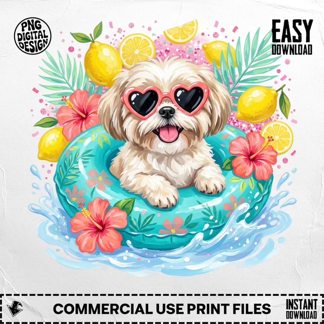 Maltese Dog Summer Clipart, Puppy Pool Party PNG, Tropical Lemon ...