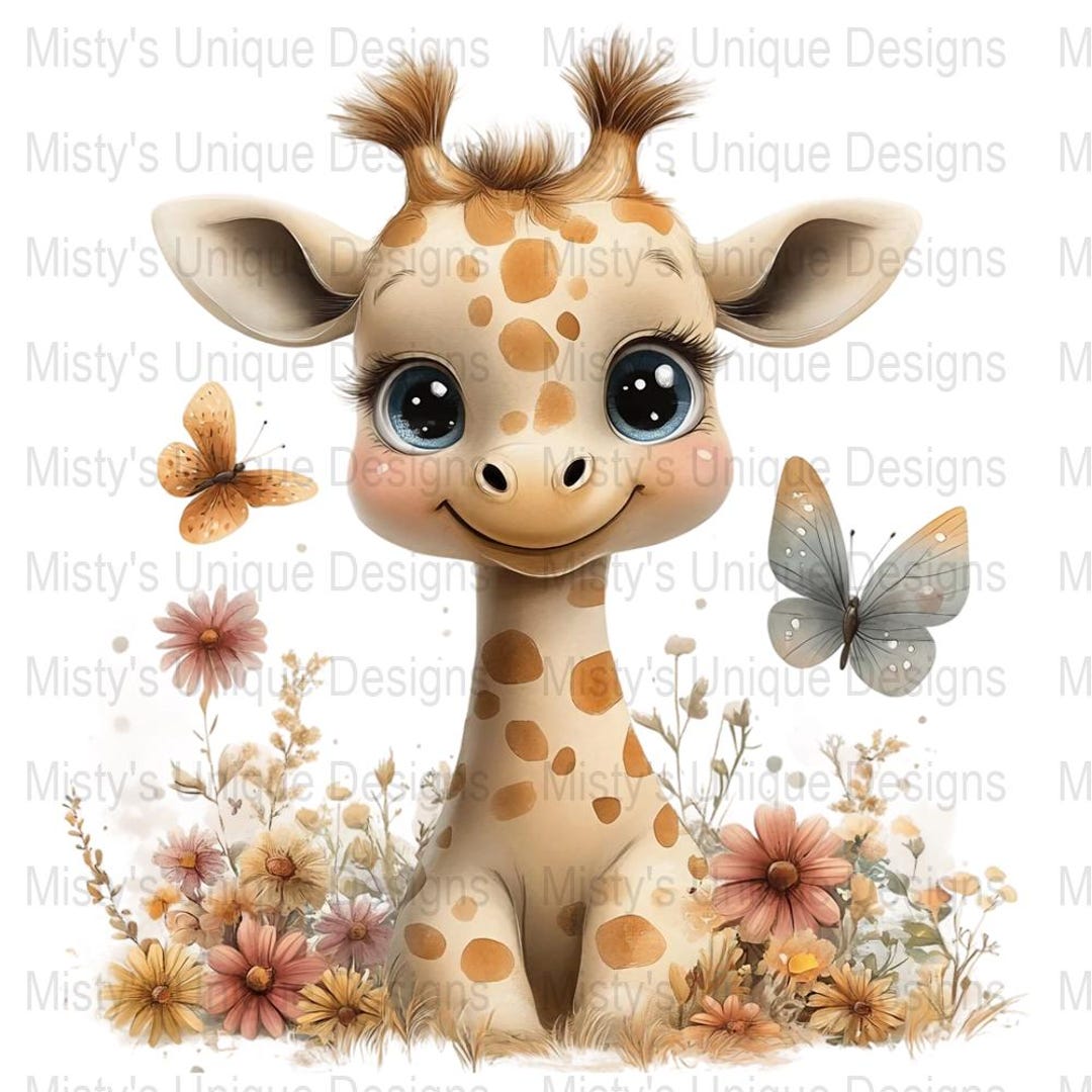 Cute Baby Giraffe Clipart With Butterflies and Flowers PNG Digital ...