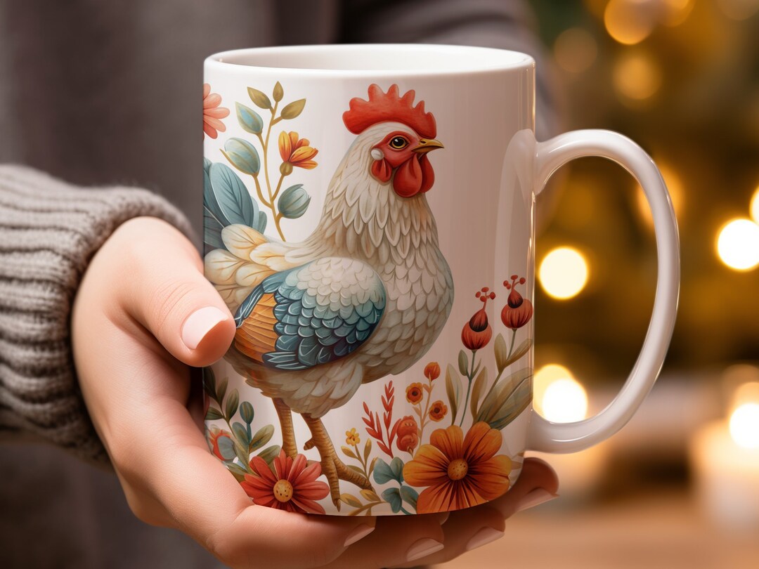 Colorful Rooster and Flowers Mug, Farmhouse Kitchen Decor, Rustic Bird ...