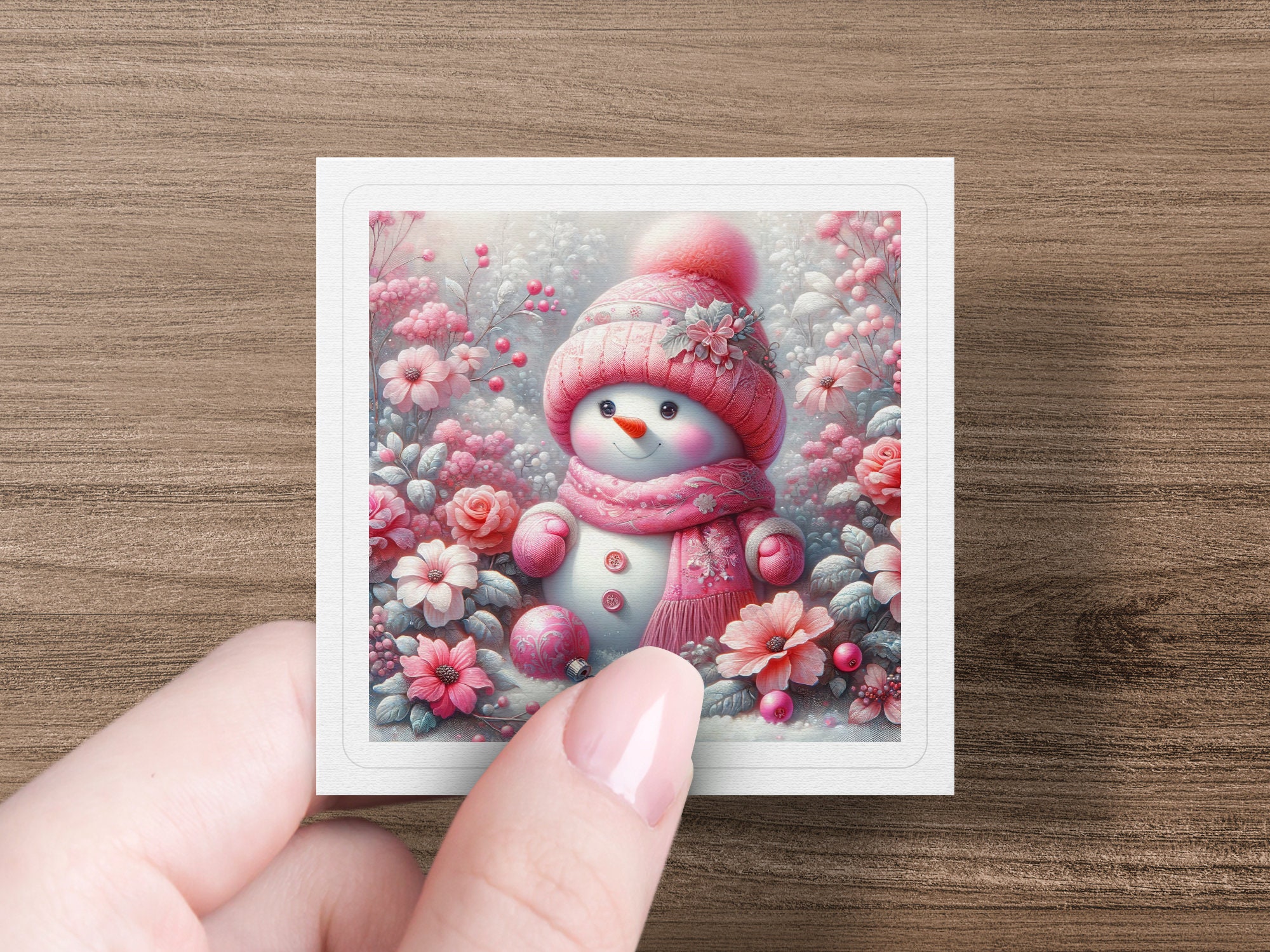 Pink Floral Winter Snowman Digital Paper, Cute Christmas Trees and ...