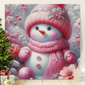 Pink Floral Winter Snowman Digital Paper, Cute Christmas Trees and ...