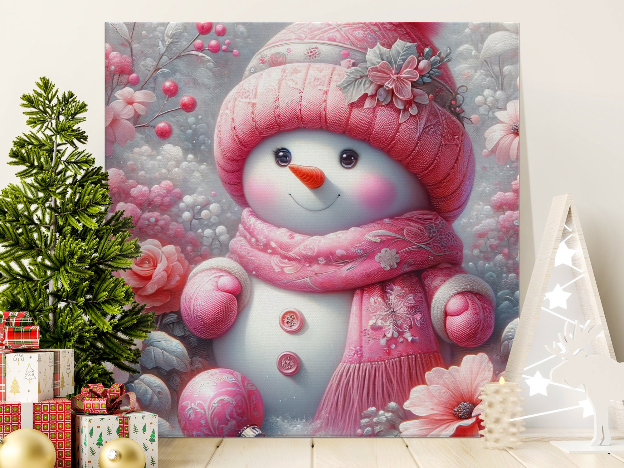 Pink Floral Winter Snowman Digital Paper, Cute Christmas Trees and ...