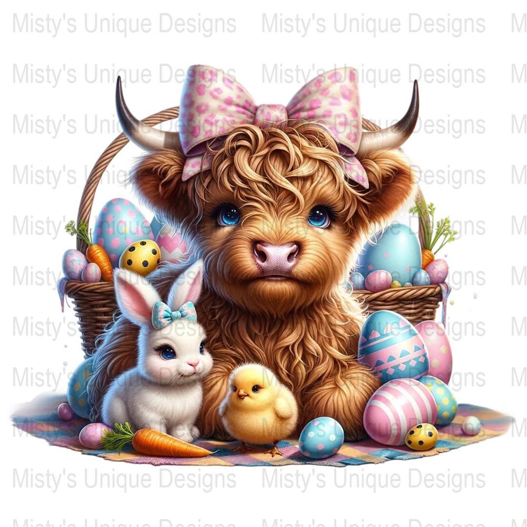 Cute Highland Cow Easter Basket Digital Clipart, Adorable Bunny, Baby ...