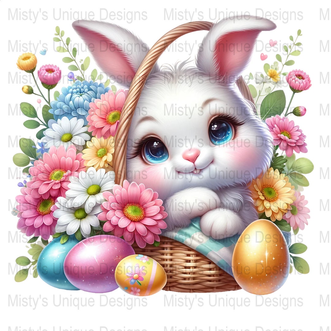 Easter Bunny Clipart, Cute Rabbit Digital Download, Spring Flowers PNG ...