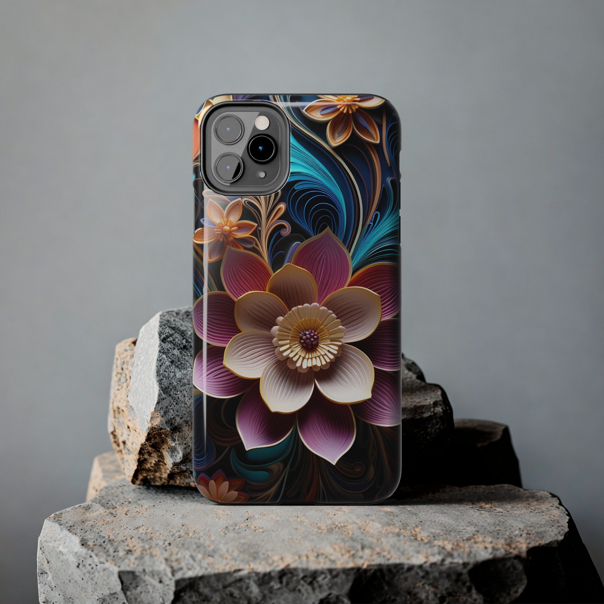 3D Retro Layered Floral Pattern Design Tough Phone Case Compatible With ...