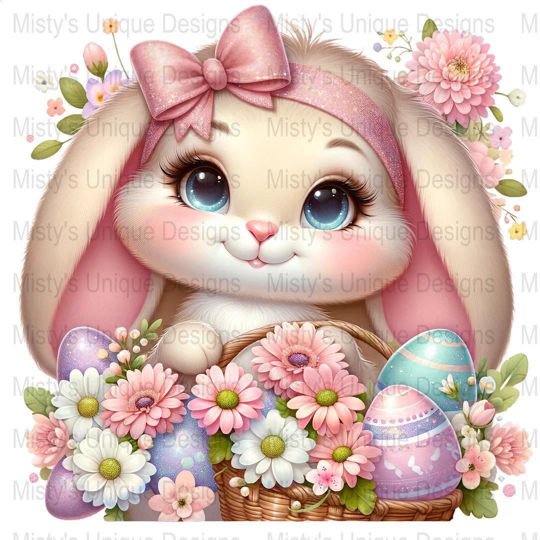Cute Easter Bunny Clipart, Digital Download, Spring Flowers and Eggs ...
