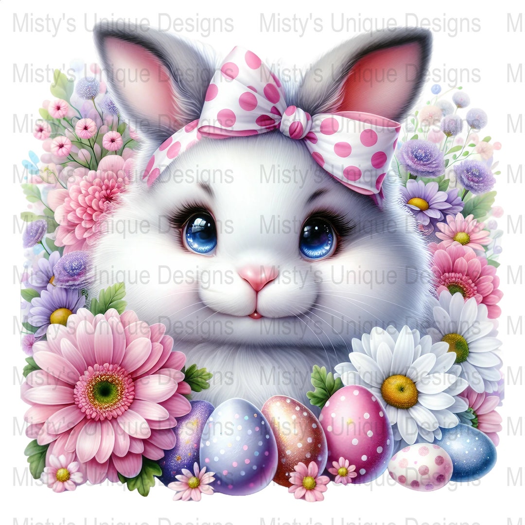 Easter Bunny Clipart, Cute Rabbit PNG, Digital Download, Spring Flowers ...