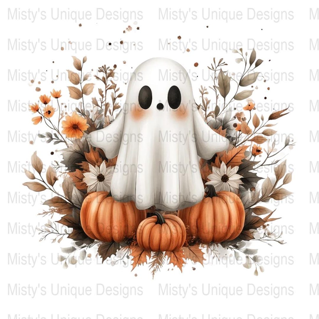 Cute Halloween Ghost Clipart PNG, Autumn Pumpkins Floral Design ...