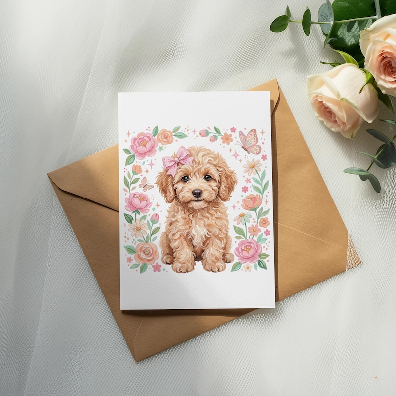 Watercolor Goldendoodle Puppy Clipart, Pink Bow Flowers, Pet ...