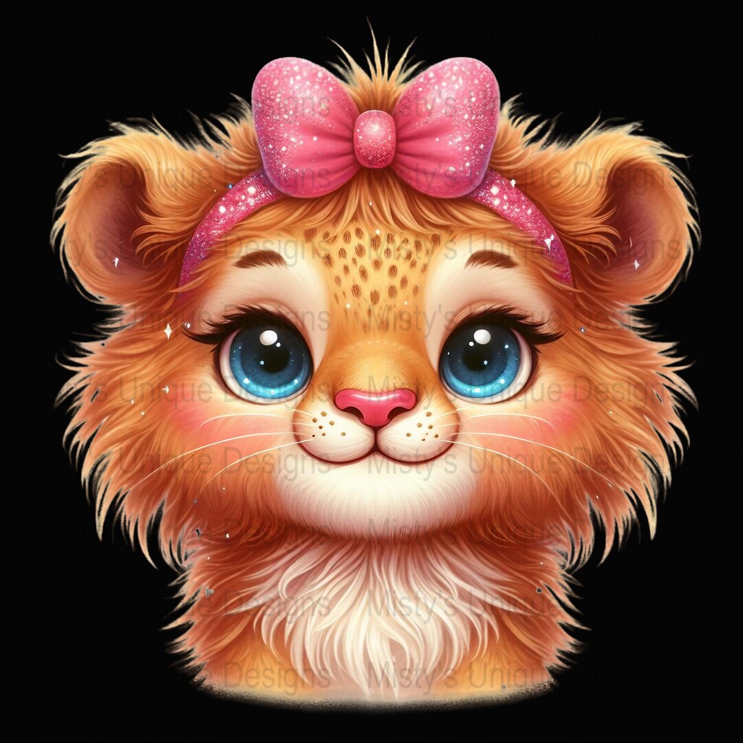 Cute Lion Cub Digital Clipart, Sparkly Bow Animal PNG, Printable ...