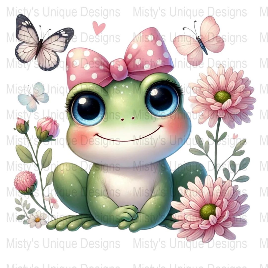Cute Frog Clipart PNG, Frog With Bow Digital Download, Spring Flowers ...