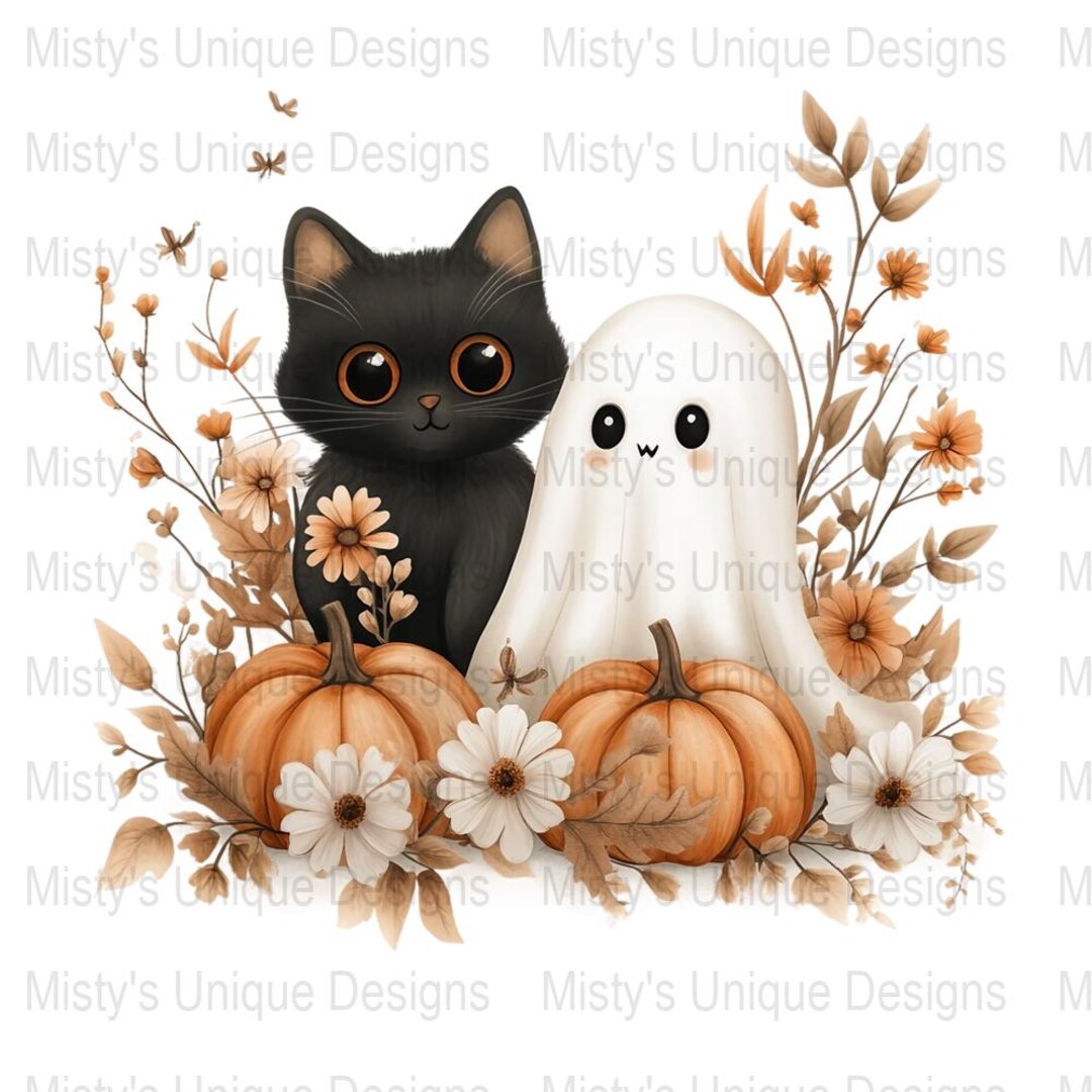 Cute Halloween Cat Ghost Clipart, Autumn Pumpkin Floral Digital ...