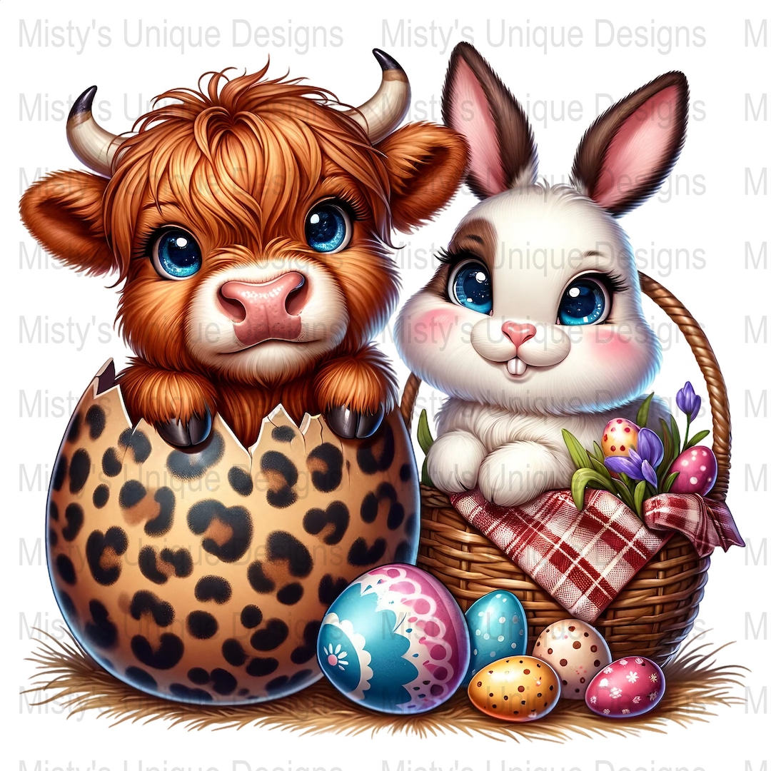Easter Clipart PNG, Cute Bunny and Cow Digital Download, Cartoon Animal ...