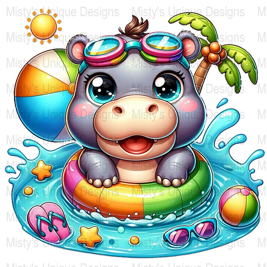 Cute Hippo Clipart, Summer Themed Digital Download, Cartoon Hippo in ...