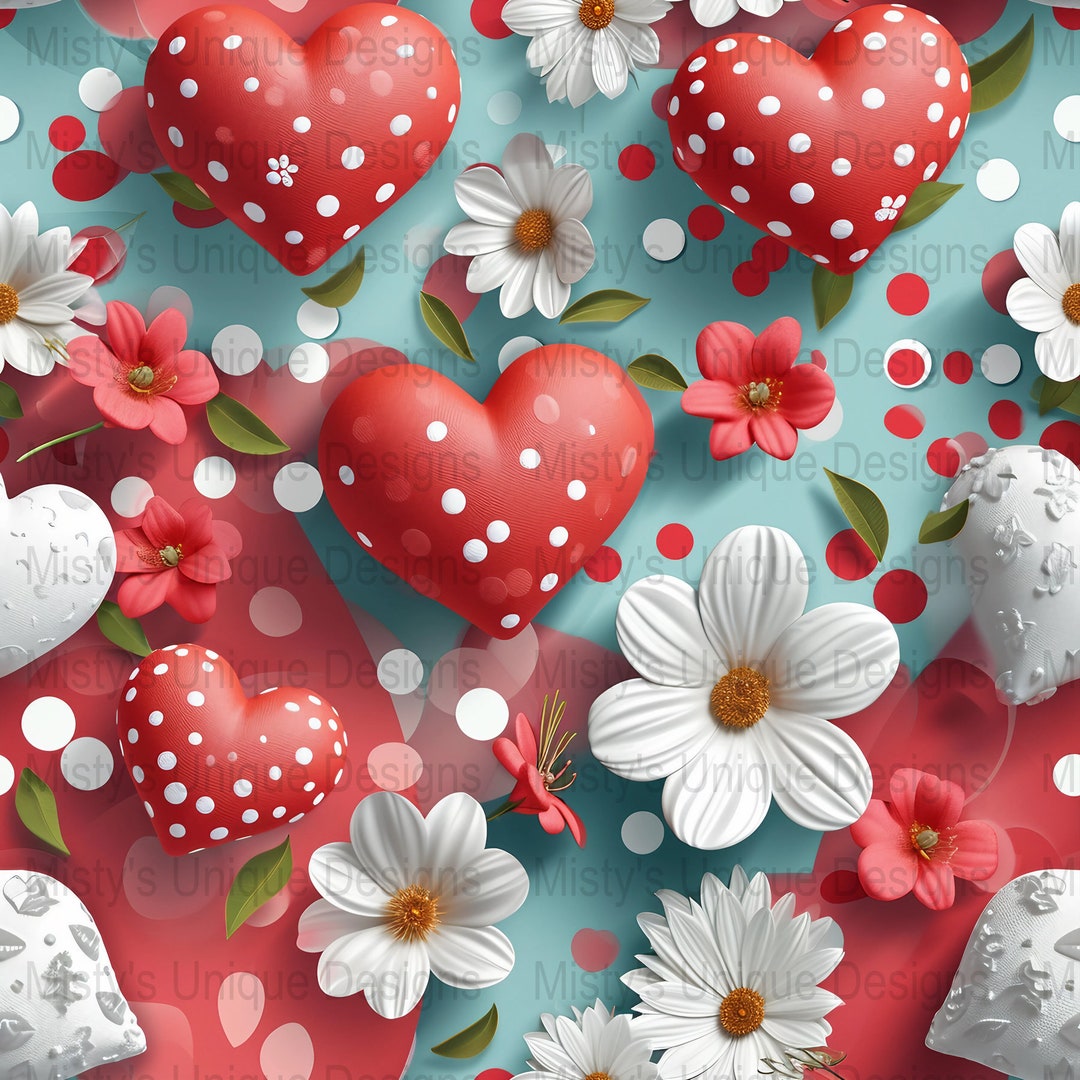 Valentines Digital Paper, Red Hearts & Flowers PNG, Romantic Scrapbook ...