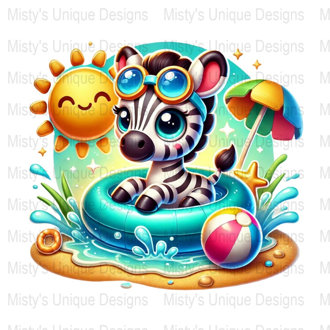 Cute Zebra Summer Clipart, Digital Download PNG, Beach Vacation Graphic ...