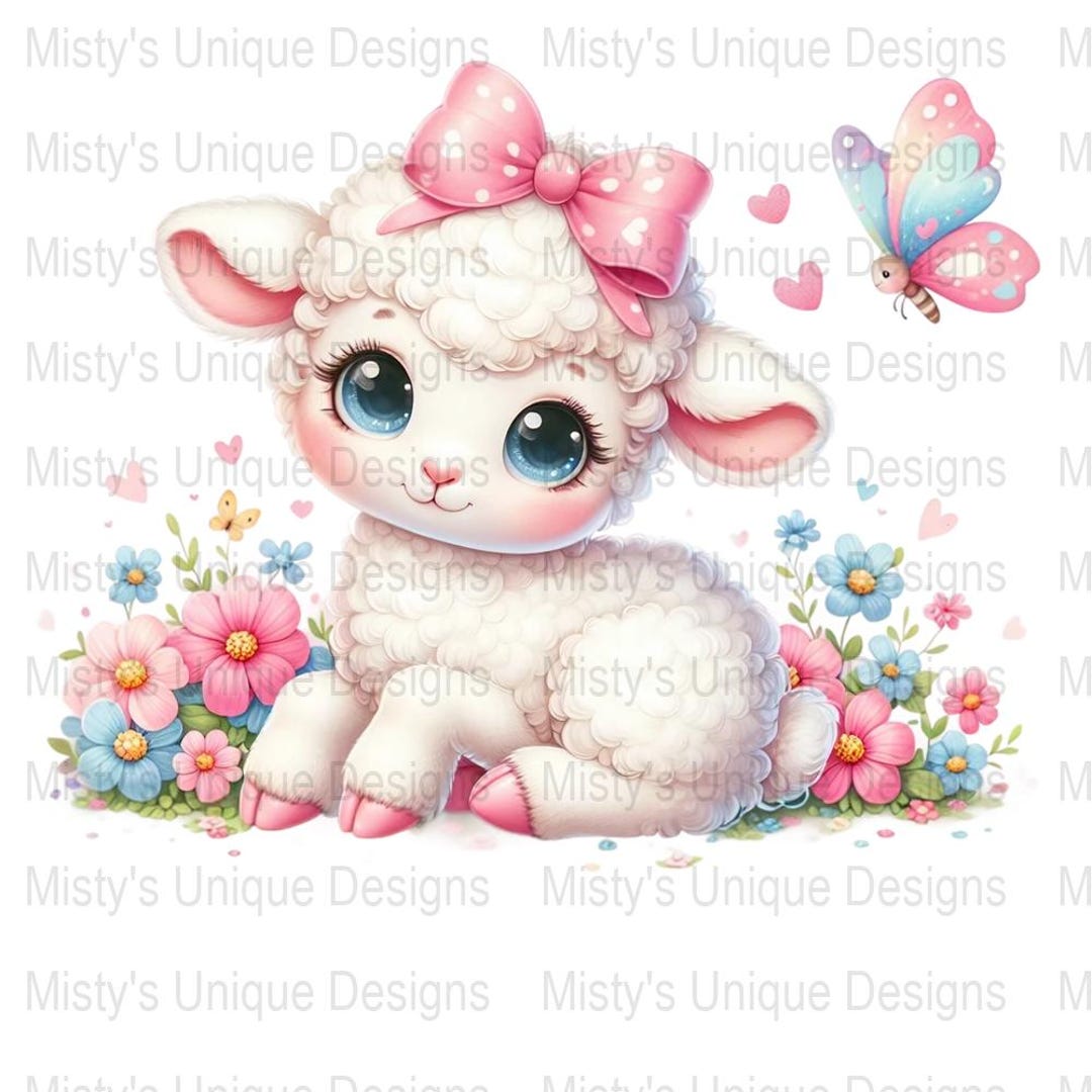 Cute Lamb With Pink Bow and Butterfly Digital Download PNG, Cute Animal ...