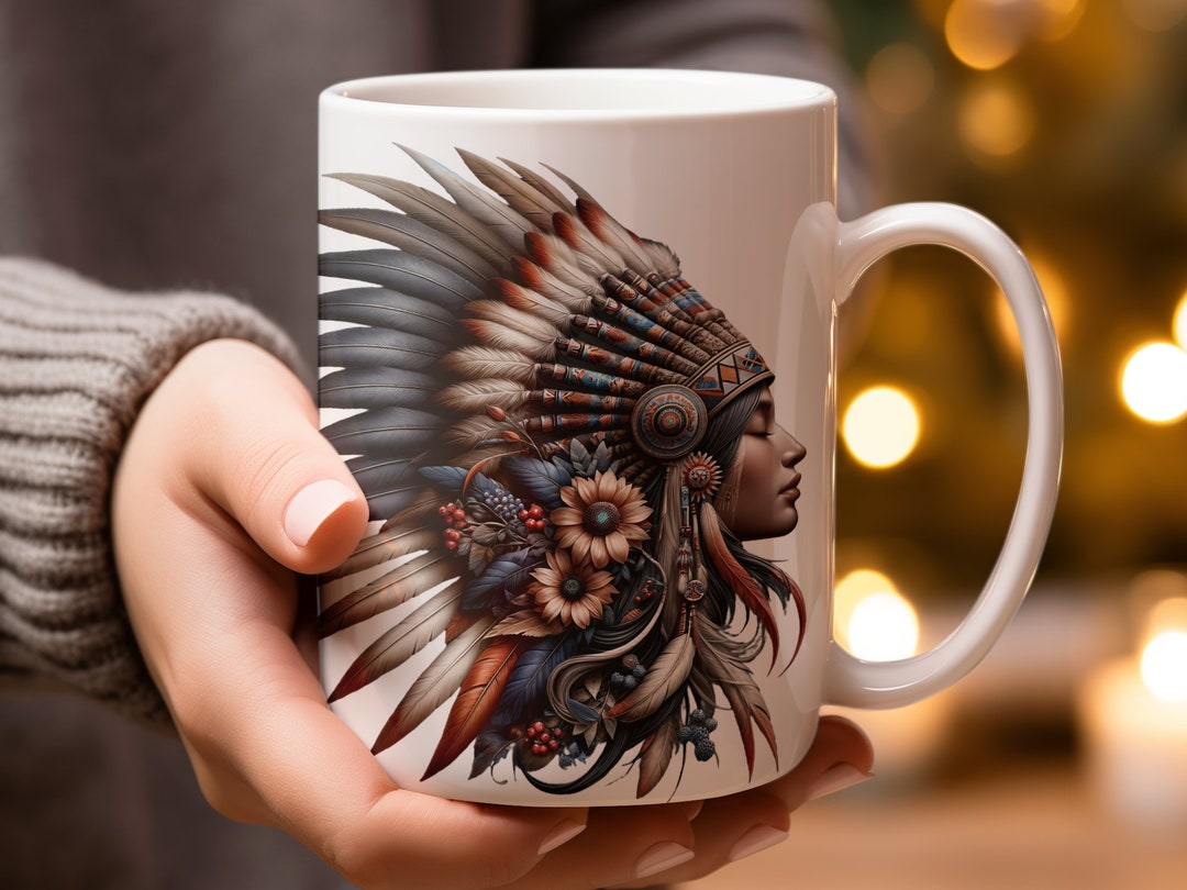 Beautiful Native American Woman Headdress Mug, Native American Mug ...