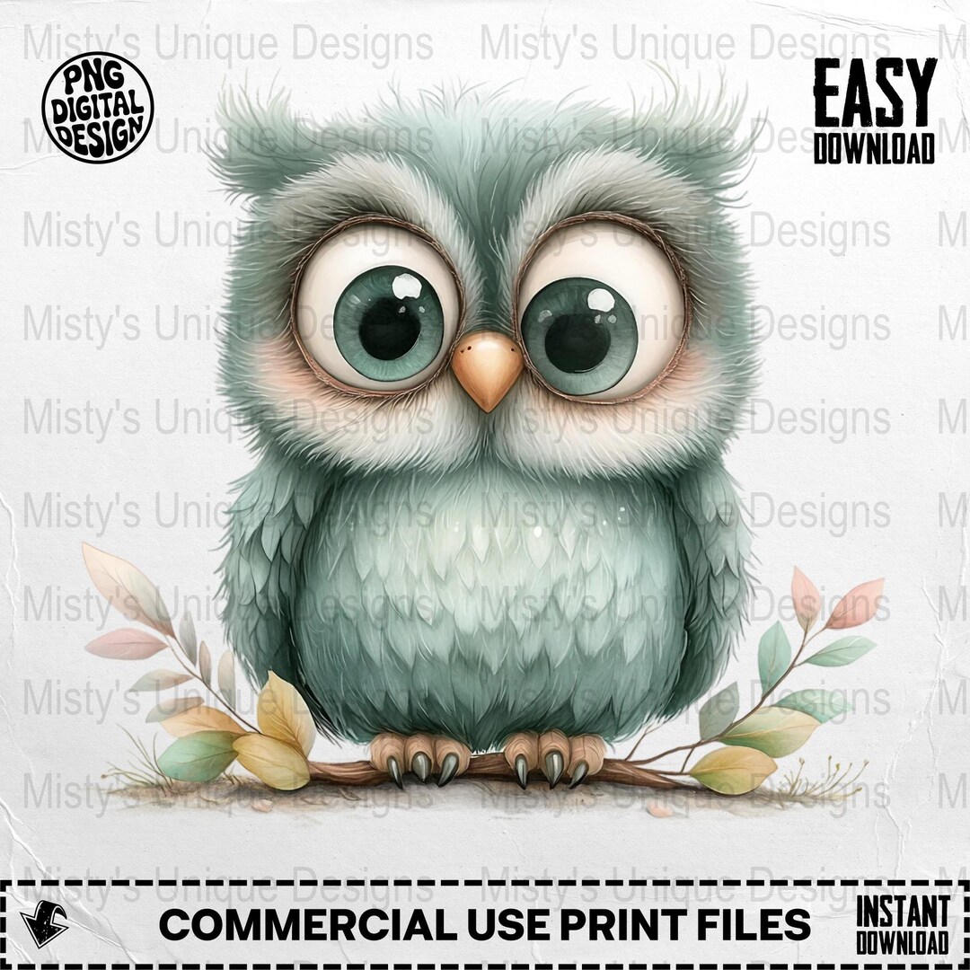 Cute Owl Digital Download Clipart PNG, Big Eyed Owl Image, Whimsical ...
