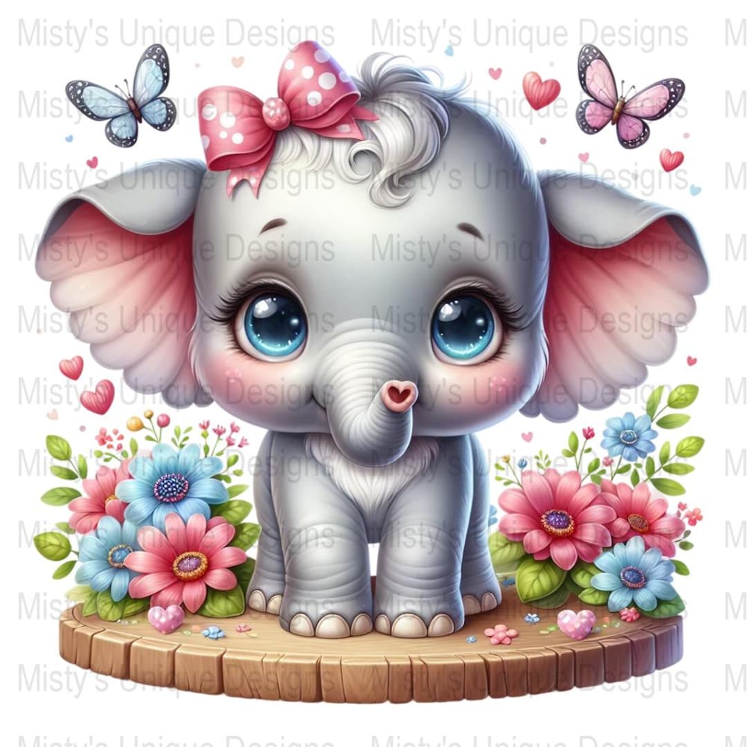 Cute Baby Elephant Clipart PNG With Flowers and Butterflies, Adorable ...