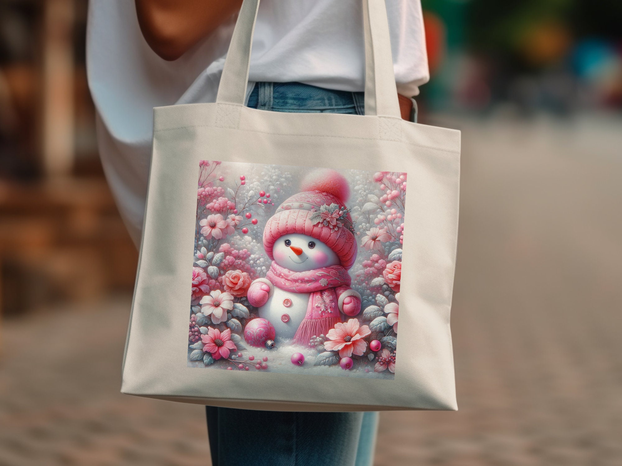 Pink Floral Winter Snowman Digital Paper, Cute Christmas Trees and ...