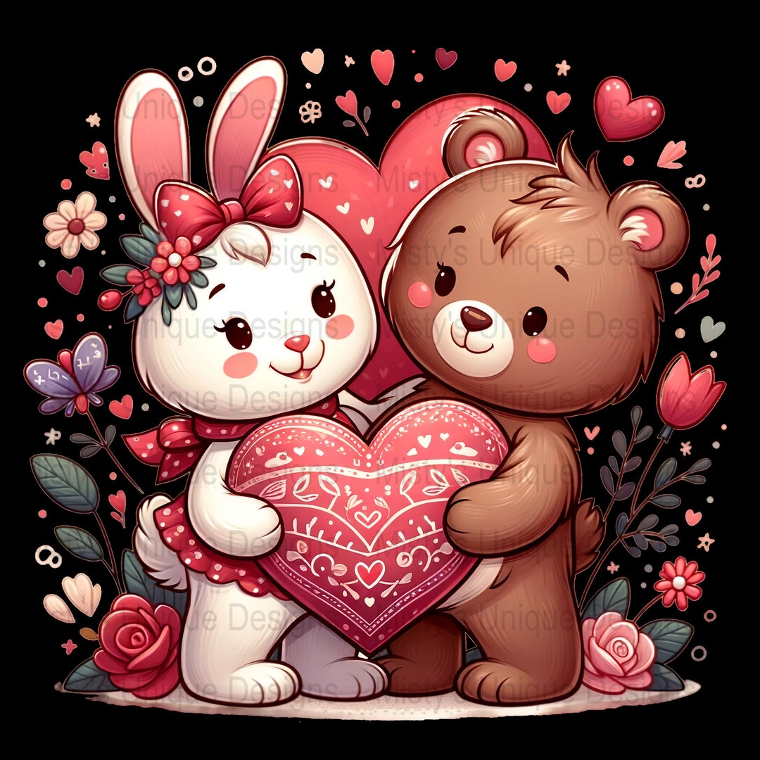 Cute Bunny and Bear Love Clipart, Valentine's Day Digital Download ...