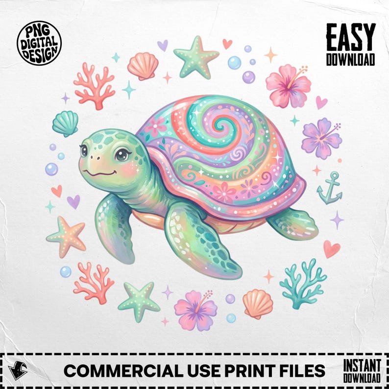 Pastel Sea Turtle Clipart PNG | Ocean Animal Digital Download (nursery ...