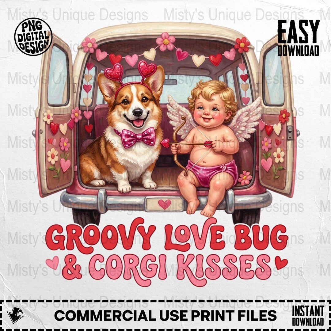 Groovy Valentine Van Digital Download Clipart, Corgi Cupid PNG ...