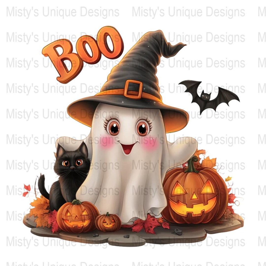 Halloween Ghost Clipart Cute Ghost With Witch Hat and Pumpkins Digital ...