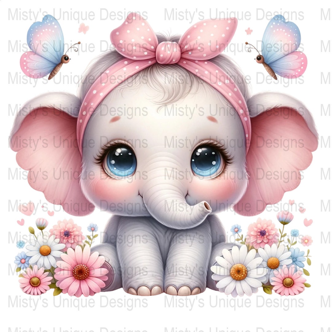 Cute Baby Elephant Clipart, Pink Bow, Digital Download PNG, Animal ...