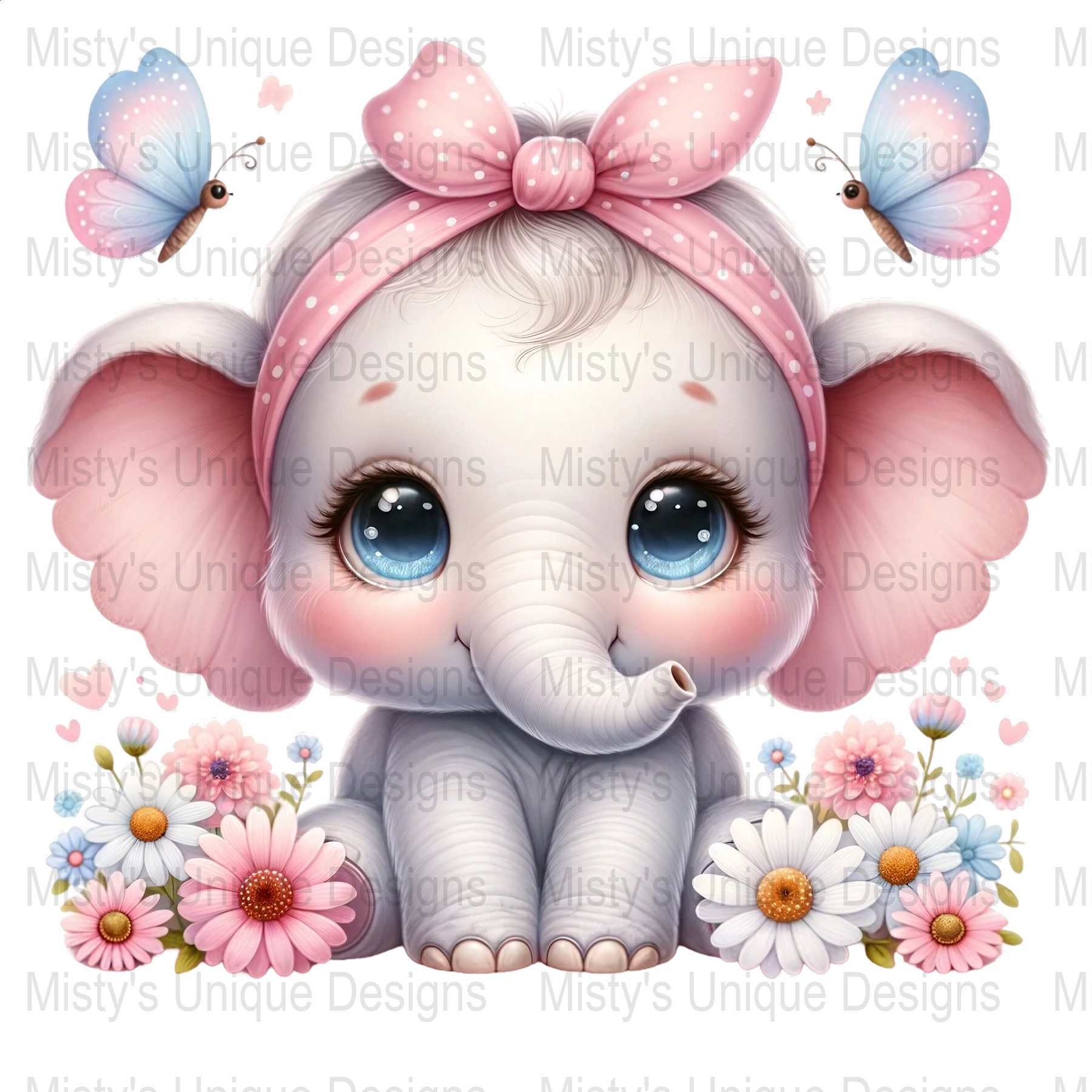 Baby Elephant Clipart, Pink Bow, Floral Nursery Art (PNG Digital ...